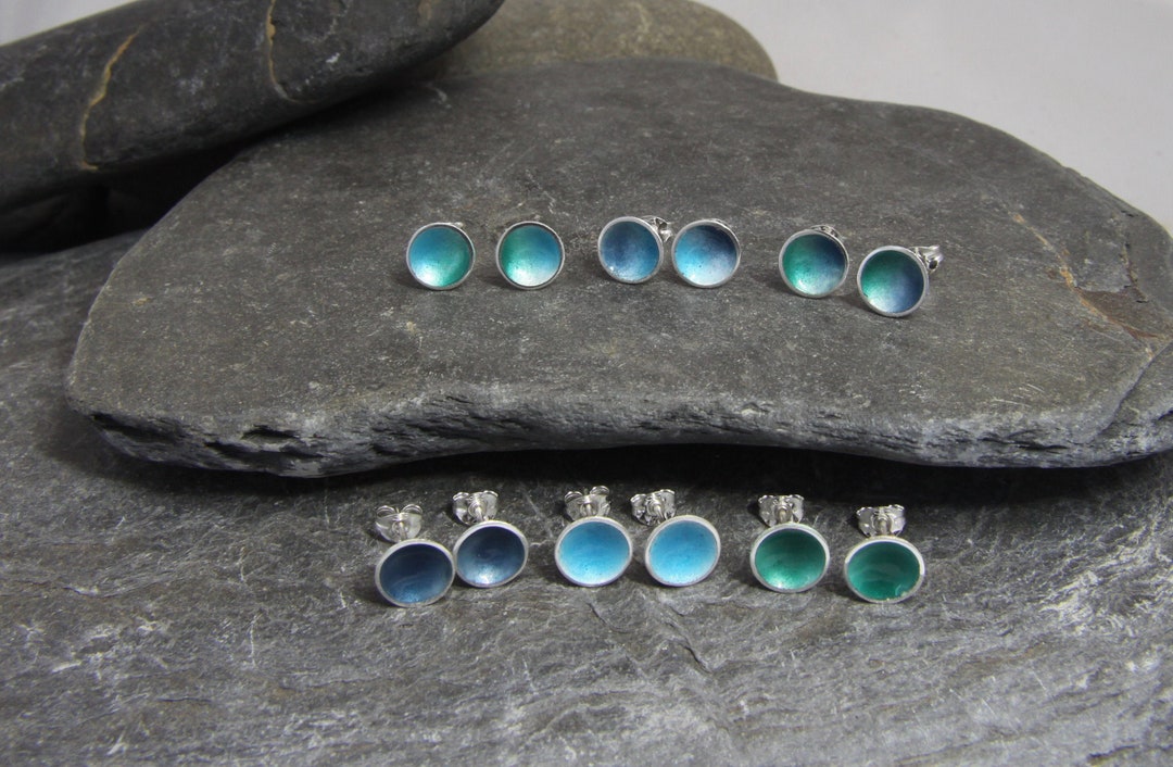 Enamel Stud Earrings – Sterling Silver, Sea Green & Blue, Cornish ...