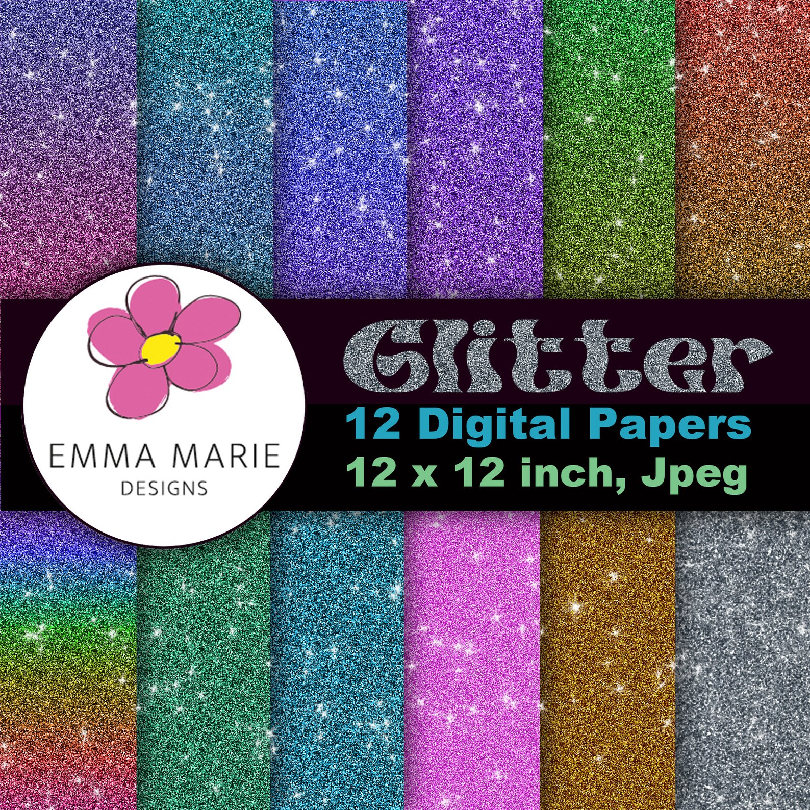 Glitter Paper Pack, 12 X 12 Inch Digital Papers, 12 Different Colours ...