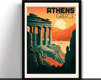 Athens Acropolis Greece Print Poster Travel Artwork Retro Vintage Wall ...