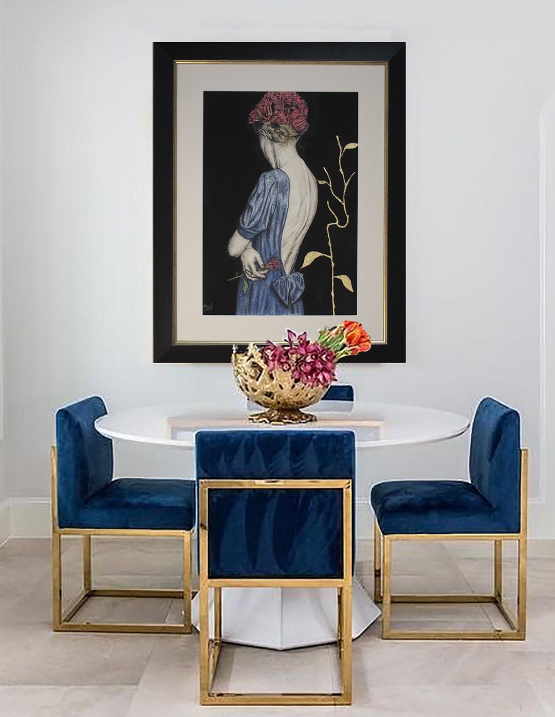 Female Figurative Artwork Woman With Rose Drawing Colored - Etsy