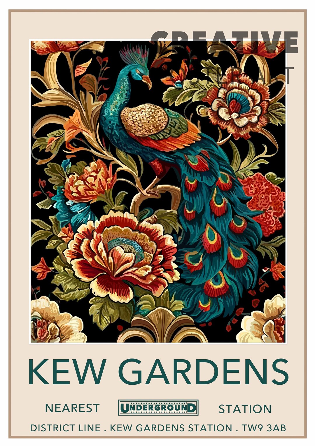 Kew Gardens Poster Download, Kew Gardens Tube Station Print, Peacock ...