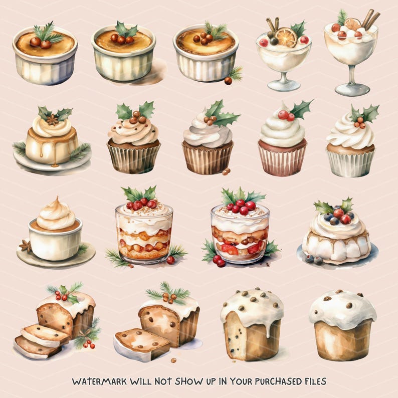 Christmas Desserts & Treats Clipart PNG, Hand-drawn Style Soft Muted ...