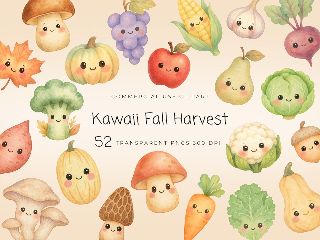Kawaii Fall Harvest Clipart PNG, Whimsy Cute Autumn Vegetable Fruit ...