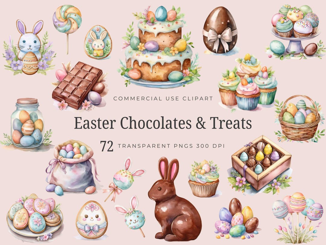 72 Easter Chocolates & Treats Clipart PNG Graphic, Cupcakes Bunny ...