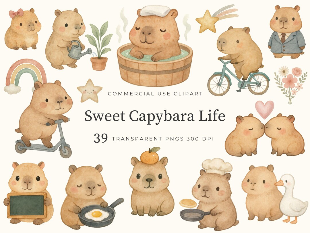 Sweet Capybara Life Clipart PNG, Adorable Whimsy Kawaii Animal ...