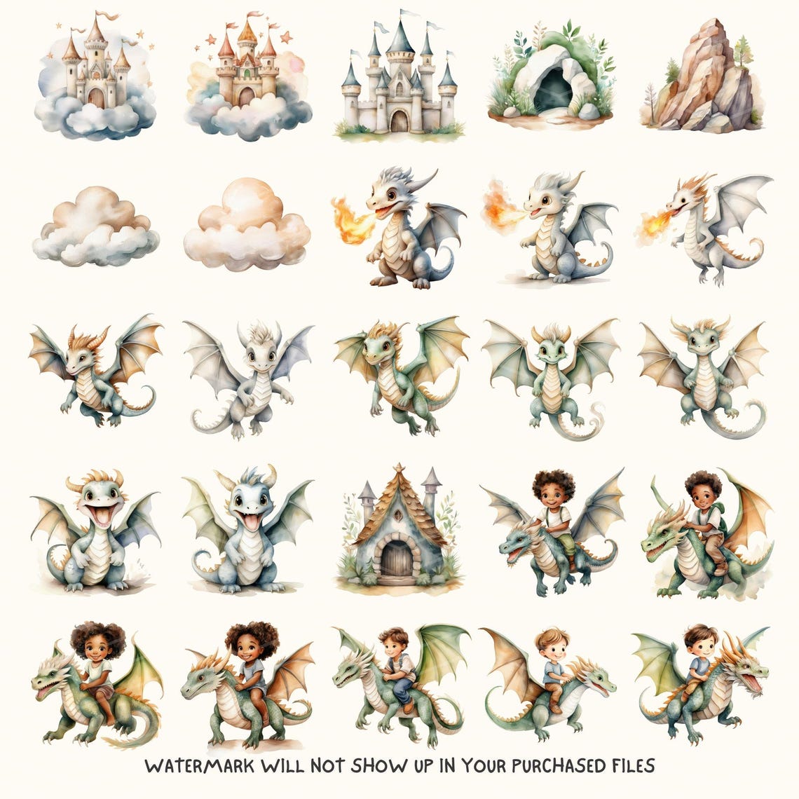 Cute Kids Dragon Riders Clipart PNG, Fantasy Magical Castle Story ...