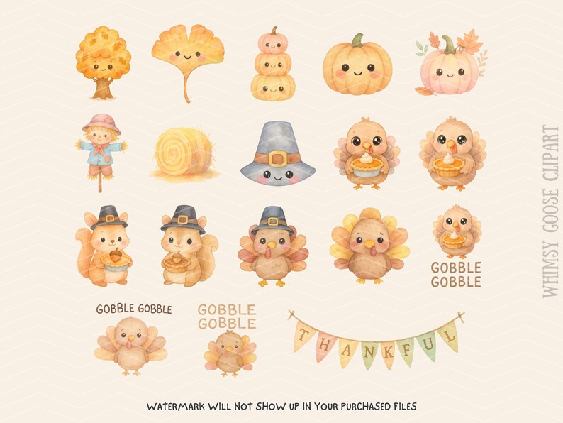 Cute Thanksgiving Clipart Set, Kawaii Turkey Animal Fall Harvest ...