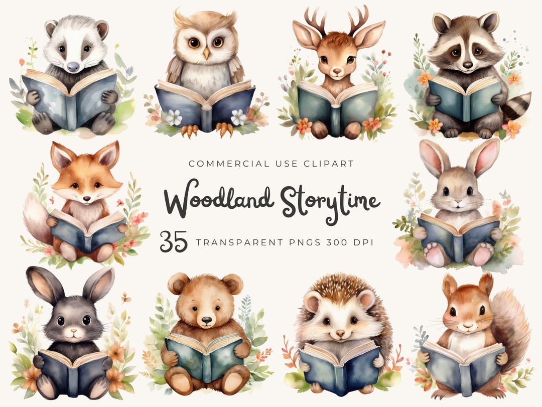 Woodland Animals Storytime Clipart PNG Cute Reading Badger Bear Bunny ...