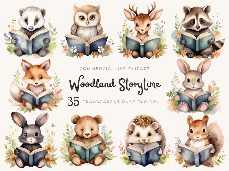 Woodland Animals Storytime Clipart PNG Cute Reading Badger Bear Bunny ...