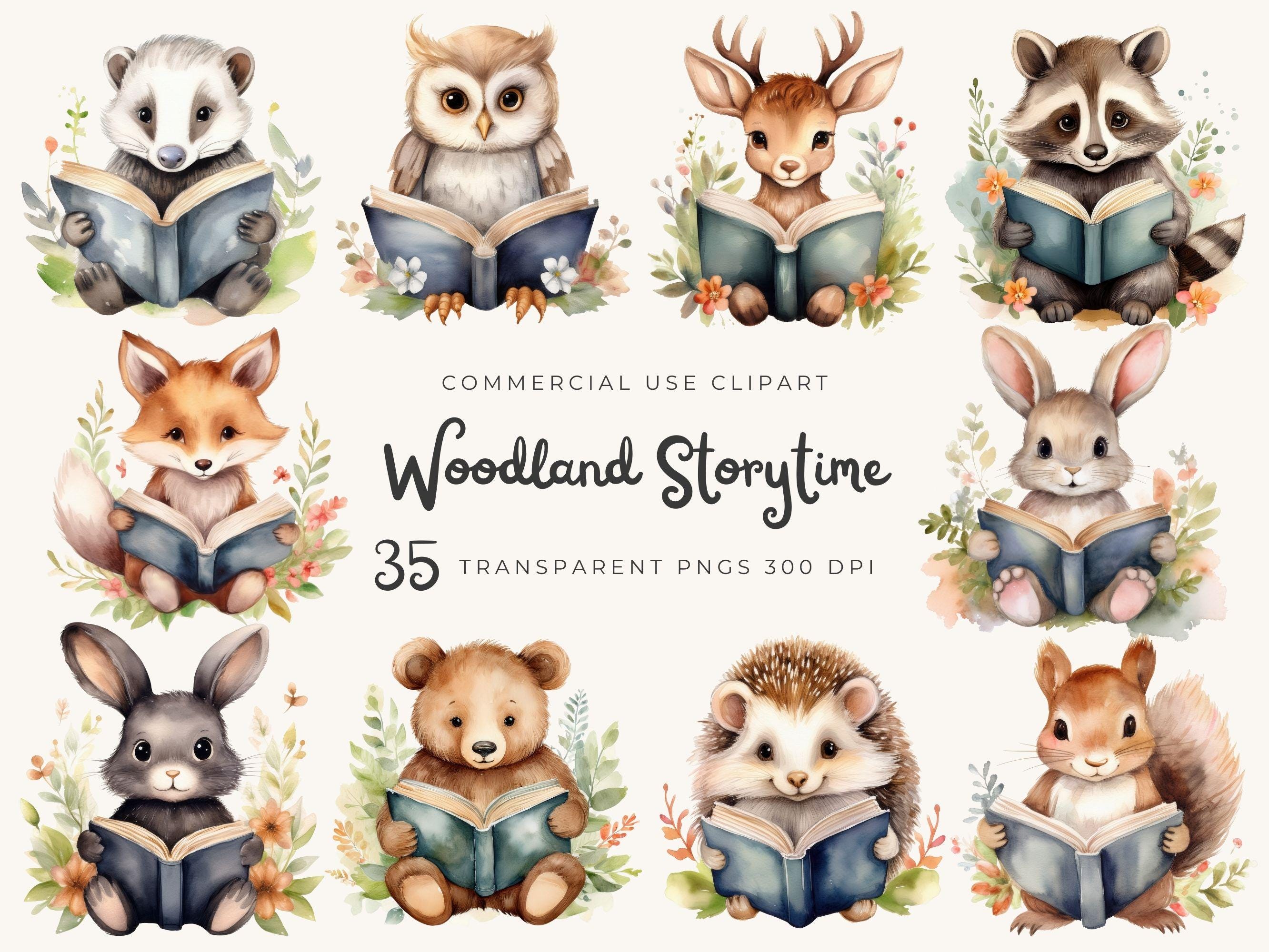 Woodland Animals Storytime Clipart PNG Cute Reading Badger Bear Bunny ...