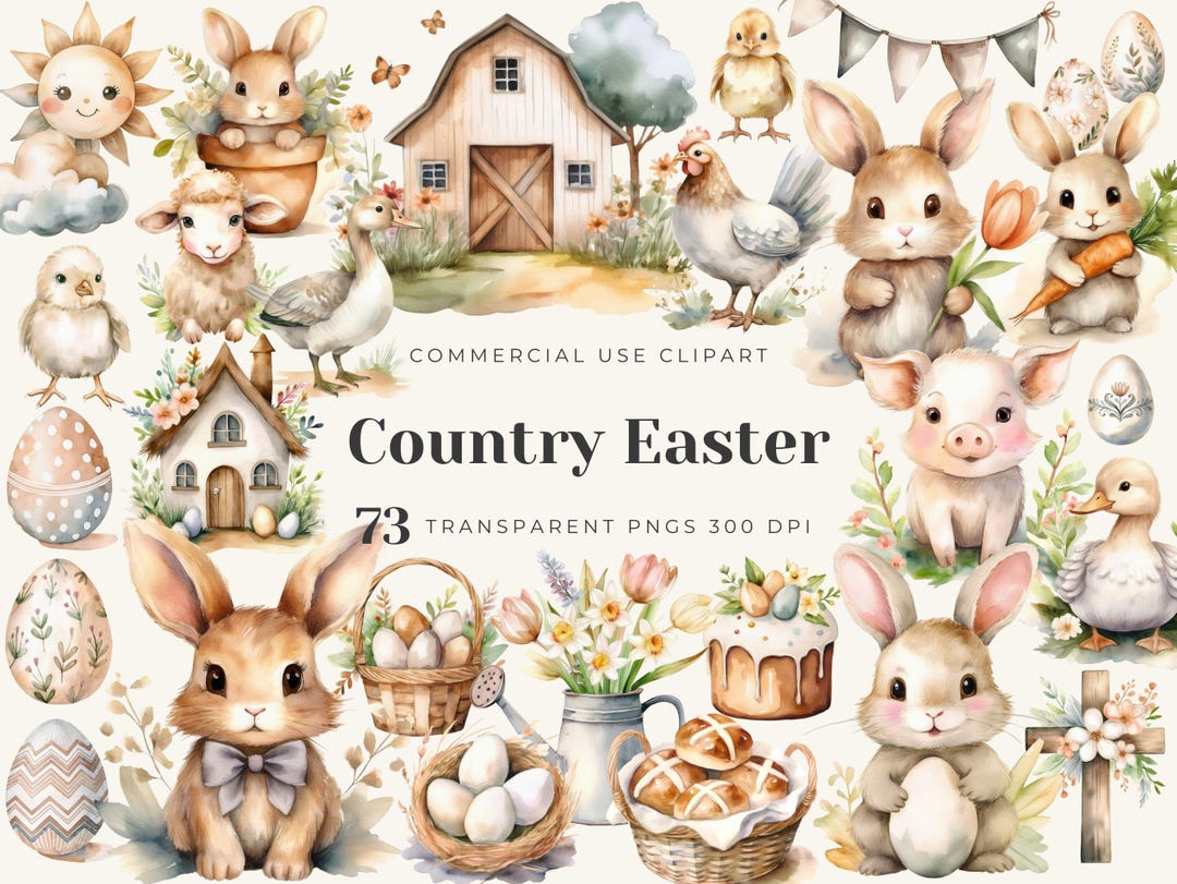73 Rustic Country Easter Bunny Clipart PNG Graphic, Soft Muted Neutral ...