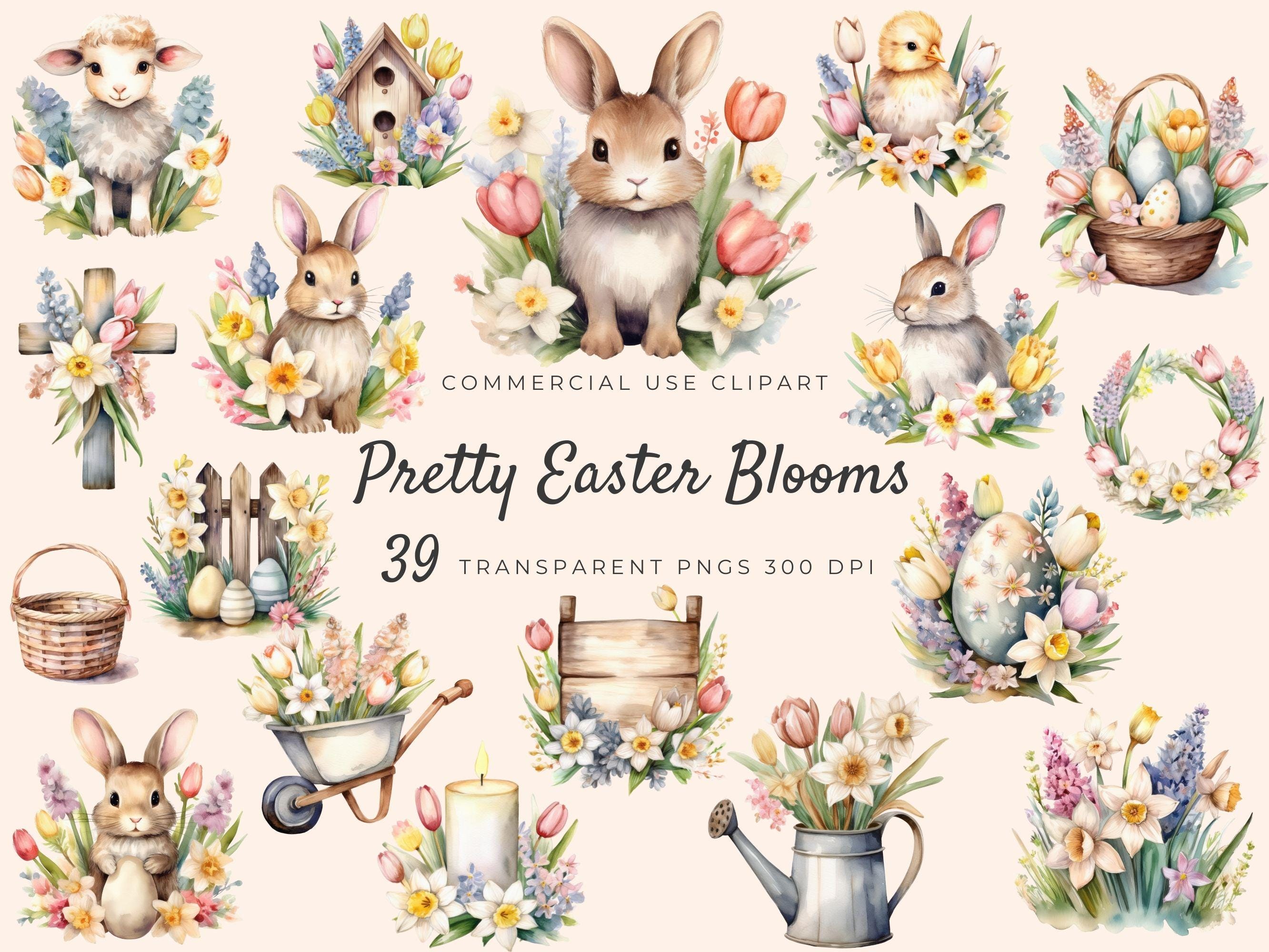 Pretty Easter Blooms Clipart PNG, Beautiful Floral Bunny Rabbit Spring ...