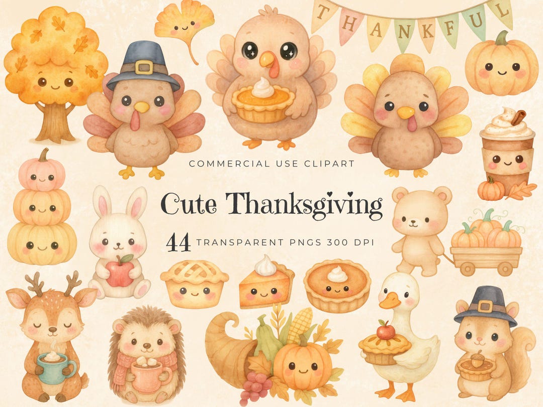 Cute Thanksgiving Clipart Set, Kawaii Turkey Animal Fall Harvest ...