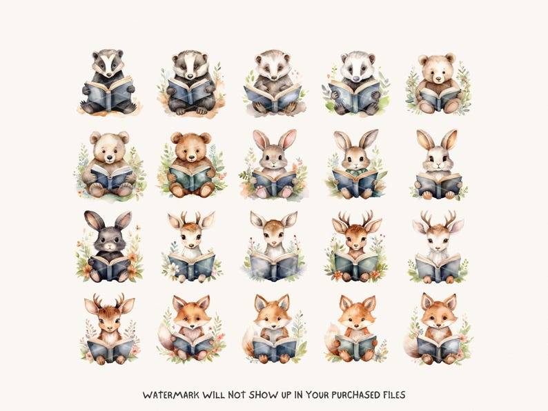 Woodland Animals Storytime Clipart PNG Cute Reading Badger Bear Bunny ...
