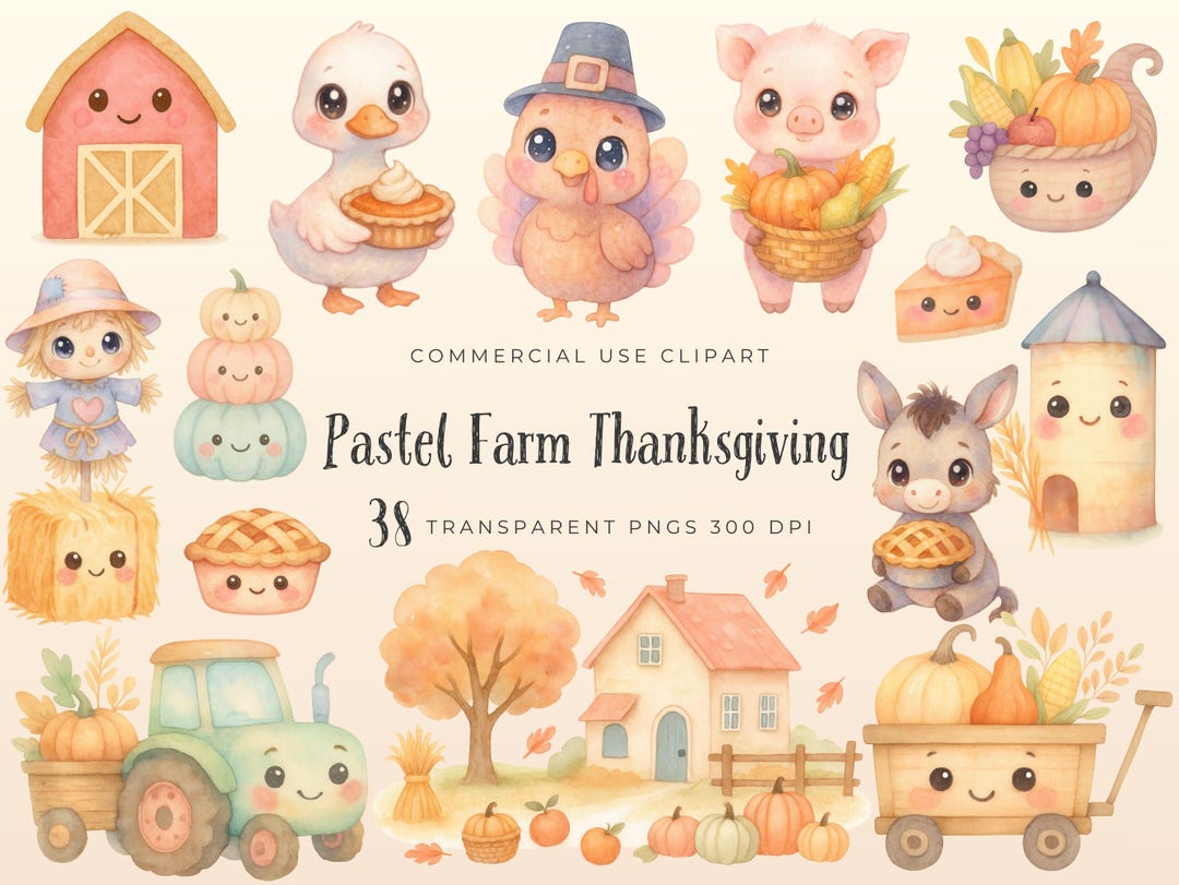 Pastel Farm Thanksgiving Clipart PNG, Kawaii Animal Dreamy Soft ...