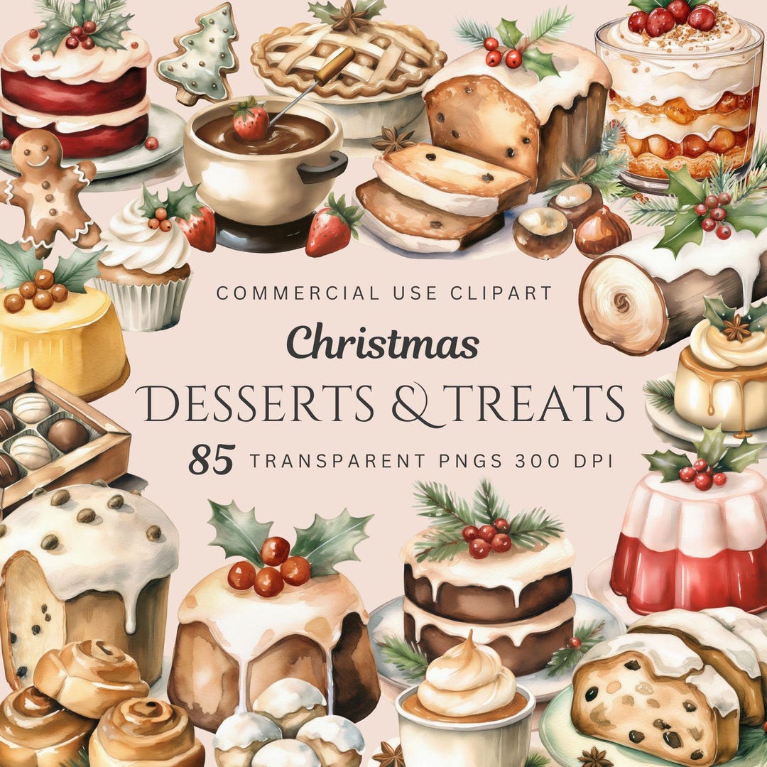 Christmas Desserts & Treats Clipart PNG, Hand-drawn Style Soft Muted ...