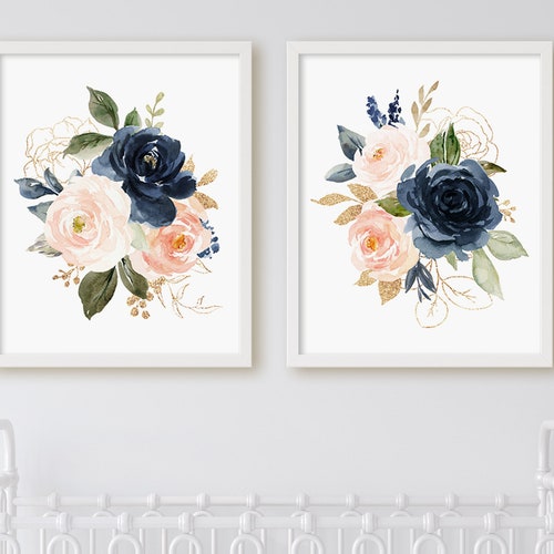 Pink Navy Watercolor Floral Nursery Art Pink Flowers Nursery - Etsy
