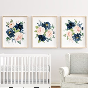 Blush Navy Floral Printable Nursery Prints, Pink Blue Girls Nursery ...