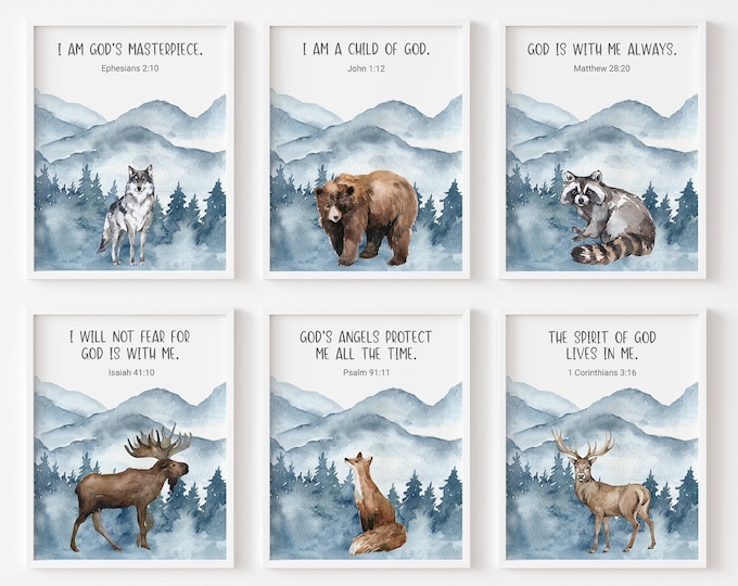 Set of 6 Kid's Bible Verse Prints, Woodland Animal Prints, Christian ...