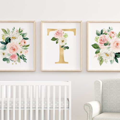Monogram Letter Blush Pink Navy Floral Prints Girl Nursery | Etsy
