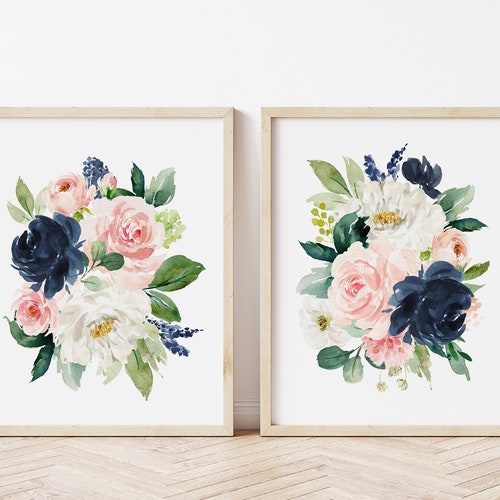 Floral Girl Nursery Wall Art Watercolor Pink Coral Blush Navy - Etsy