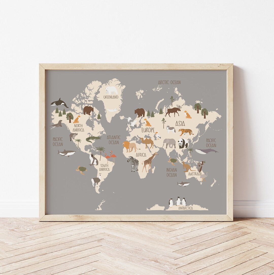 Animal World Map, Safari Map, Continents, Kids Wall Art, Nursery Decor ...
