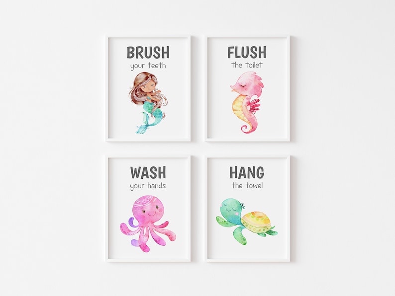 4 Kids Mermaid Bathroom Prints Brush Flush Wash Hang Sea - Etsy