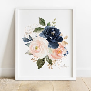 Set of 2 Pink Navy Floral Prints, Floral Nursery Wall Art, Girl Nursery ...