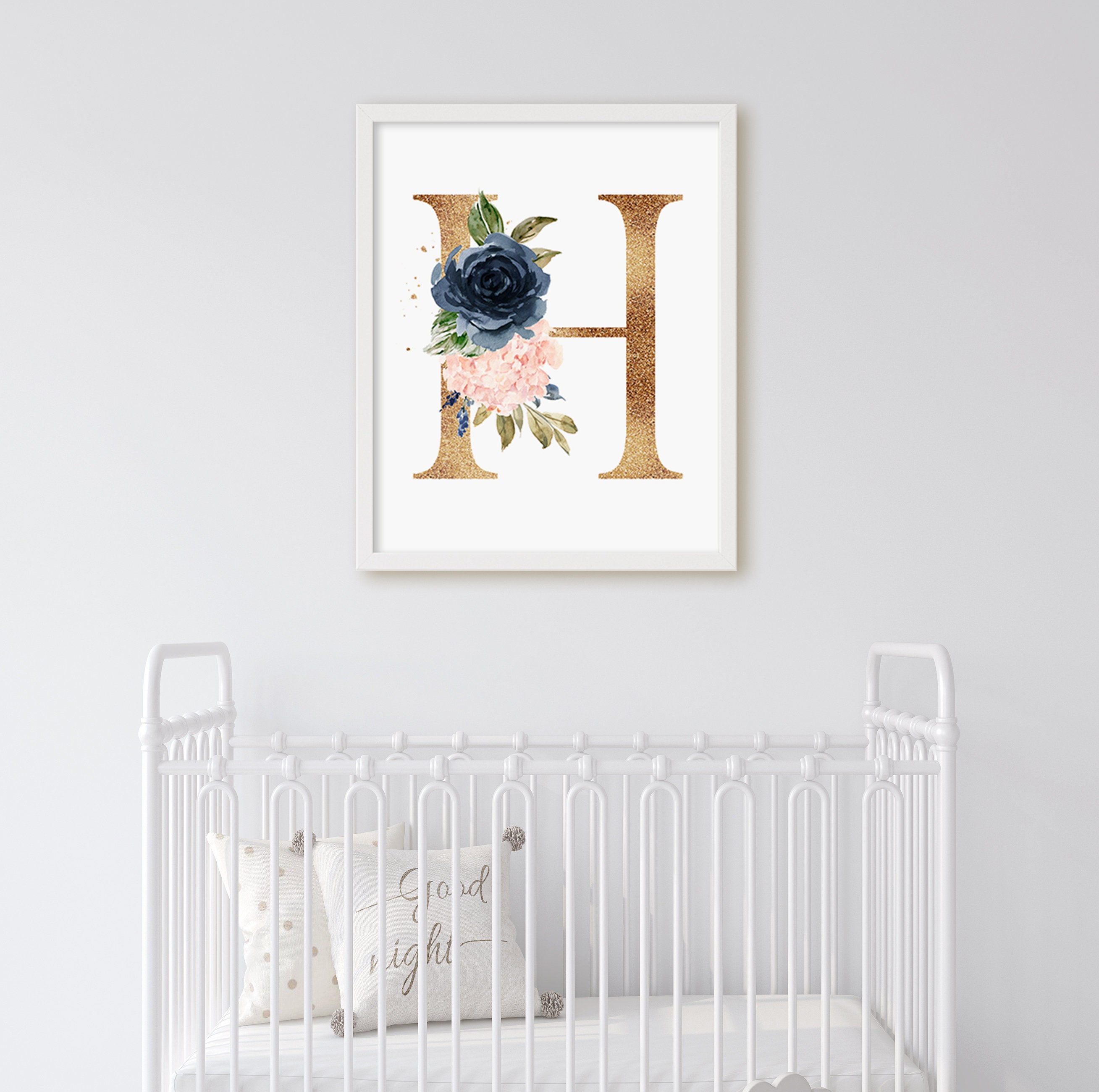 Monogram Letter, Blush Pink Navy Floral Prints, Girl Nursery Art Prints ...
