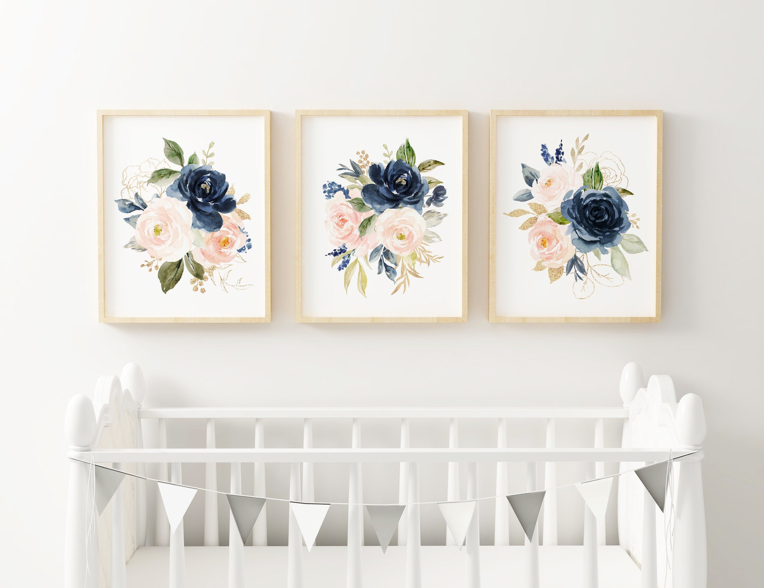 Set of 3 Pink Navy Floral Prints Floral Nursery Wall Art | Etsy