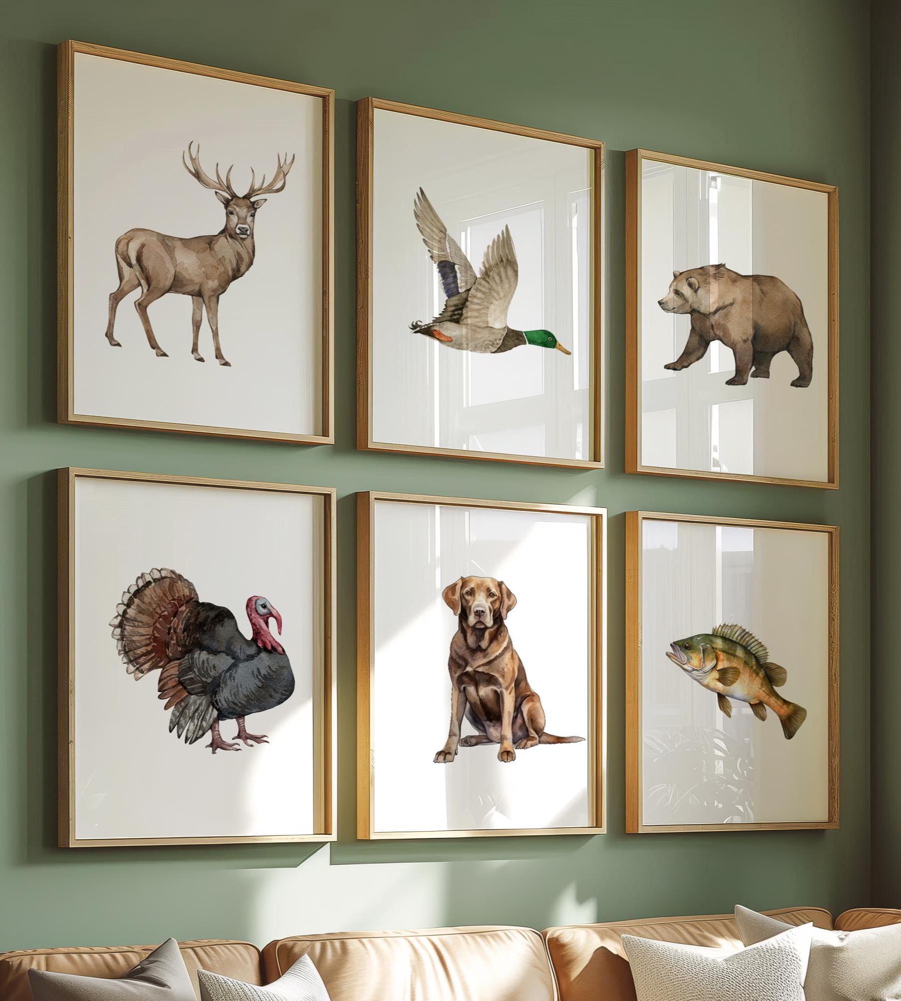 Set of 6 Hunting Nursery Wall Art, Mallard Duck, Chocolate Labrador ...