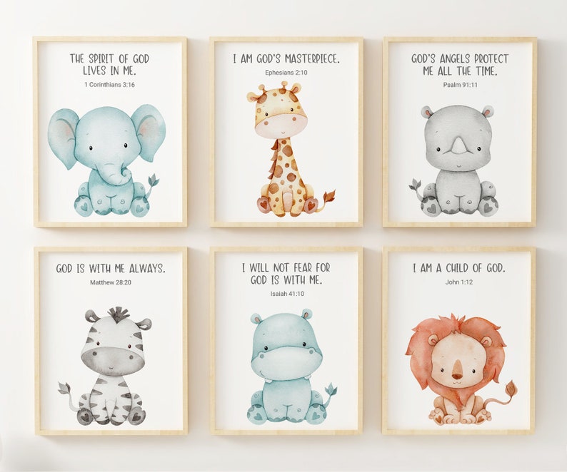 Set of 6 Kid's Bible Verse Prints Safari Animal Prints | Etsy