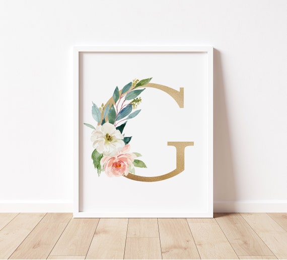 Floral Pink Gold Letter G Print First Initial Monogram | Etsy