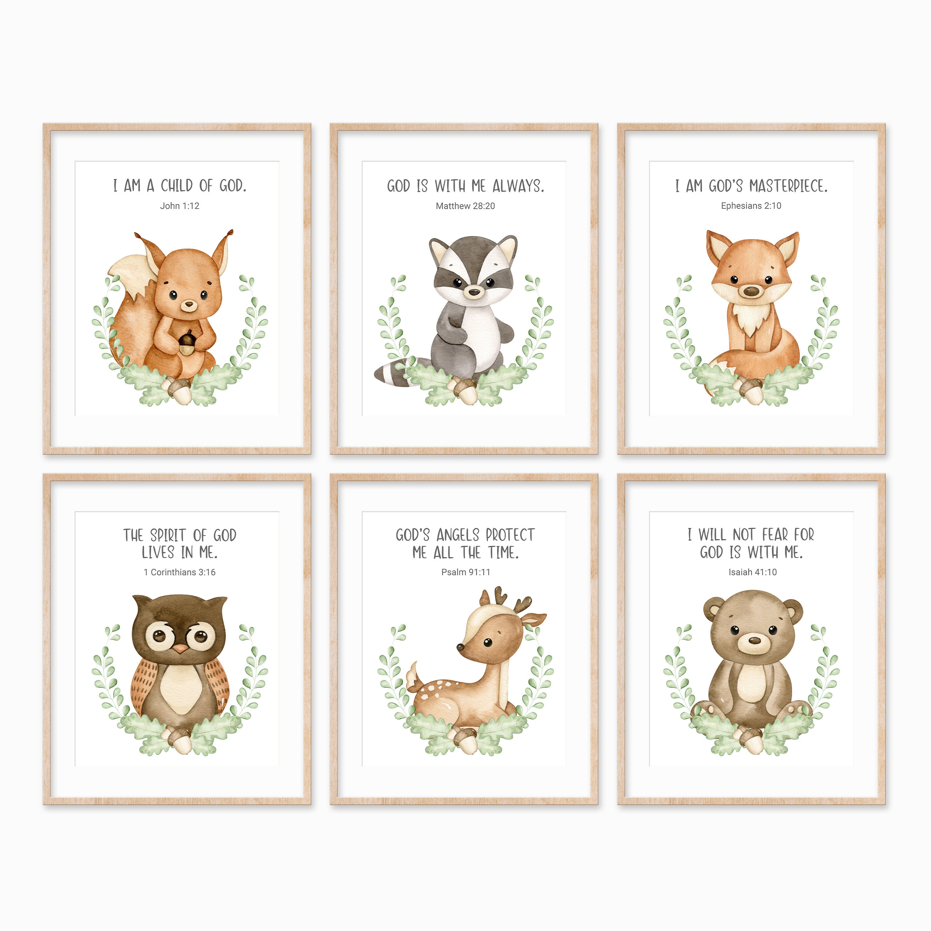 Set of 6 Kid's Bible Verse Prints, Woodland Animal Prints, Christian ...