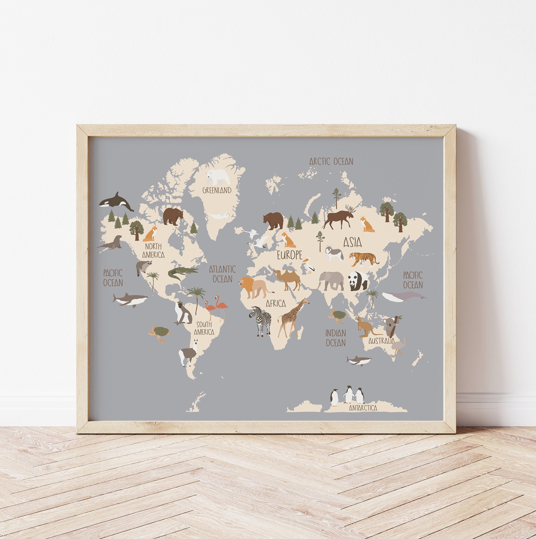 Animal World Map Educational World Map Kids Wall Art | Etsy