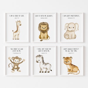 Set of 6 Kid's Bible Verse Prints, Safari Animal Prints, Christian Wall ...