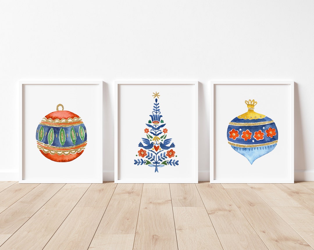 3 Christmas Prints, Scandinavian Folk Art, Christmas Tree Ornaments ...