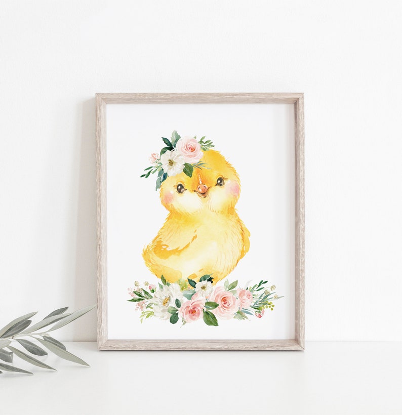 Baby Chick Print Pink Floral Farm Animal Prints Nursery Wall | Etsy