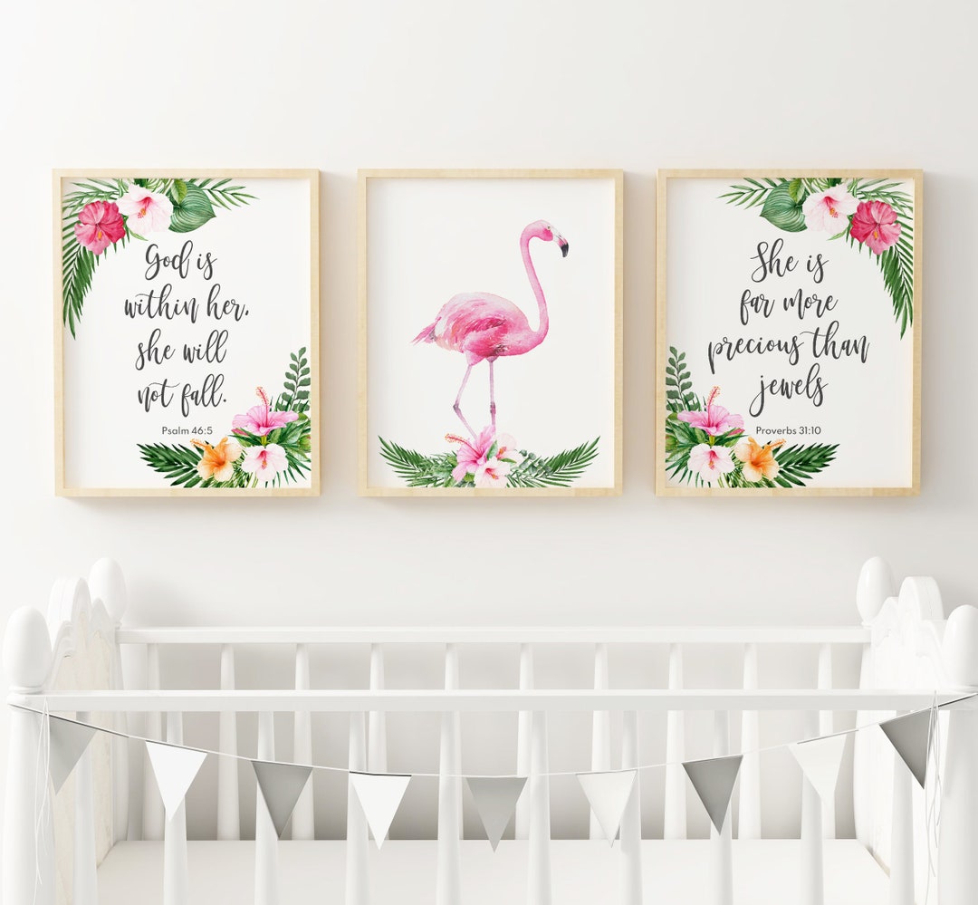 Set of 3 Baby Girl Nursery Bible Verse Wall Art, Flamingo Print ...