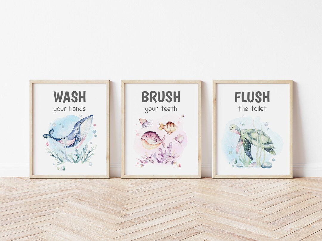3 Kids Ocean Bathroom Prints, Wash Brush Flush, Sea Creatures, Sea Life ...
