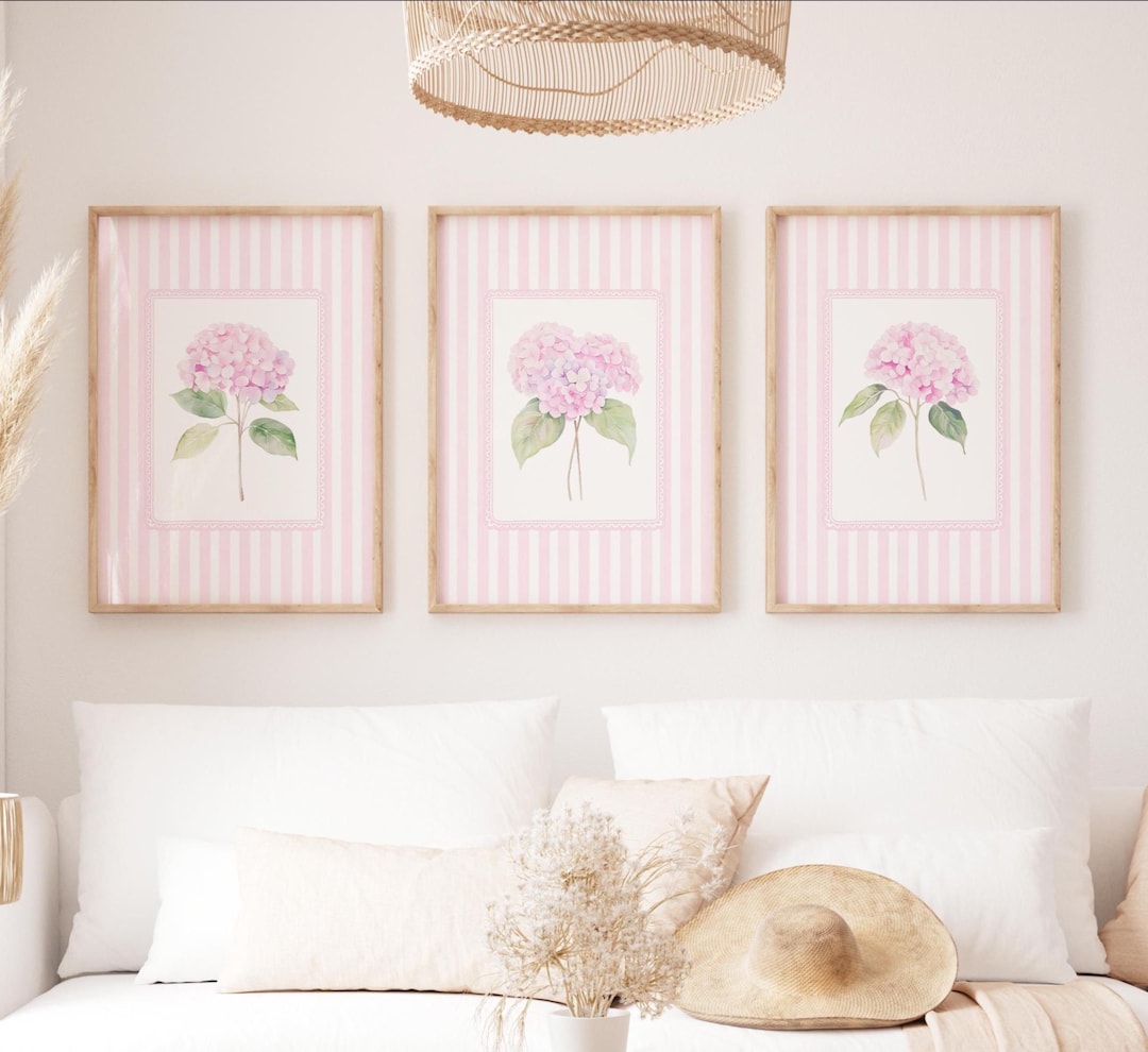 Set of 3 Pink Hydrangea Prints, Pink Stripes, Chinoiserie Wall Art ...
