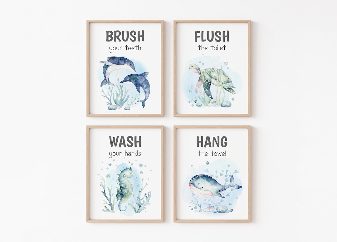 4 Kids Ocean Bathroom Prints, Brush Flush Wash Hang, Sea Creatures, Sea ...