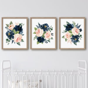 Blush Navy Floral Printable Nursery Prints, Pink Blue Girls Nursery ...