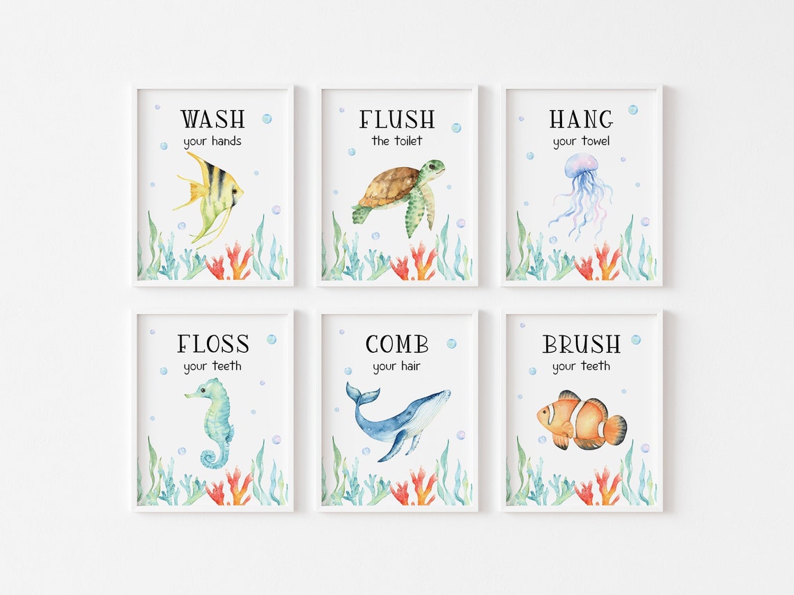 6 Kids Ocean Bathroom Prints, Brush Flush Wash Hang, Sea Creatures, Sea ...