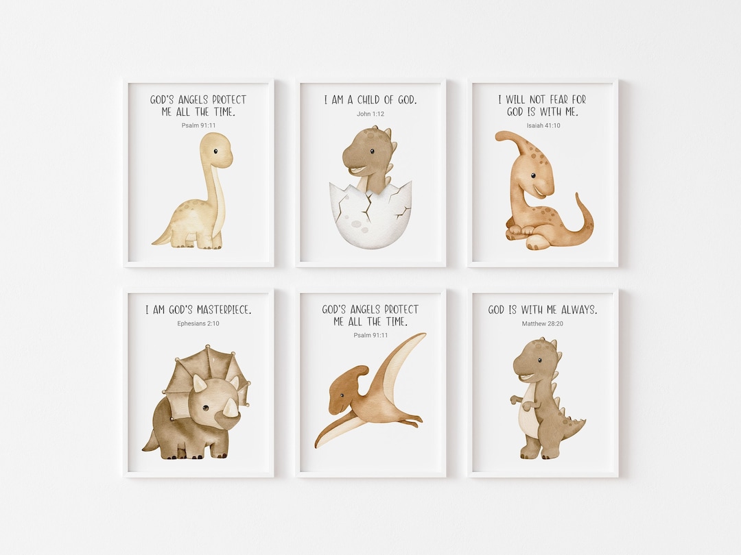 Set of 6 Dinosaur Prints, Kid's Bible Verse Prints, Neutral Nursery ...