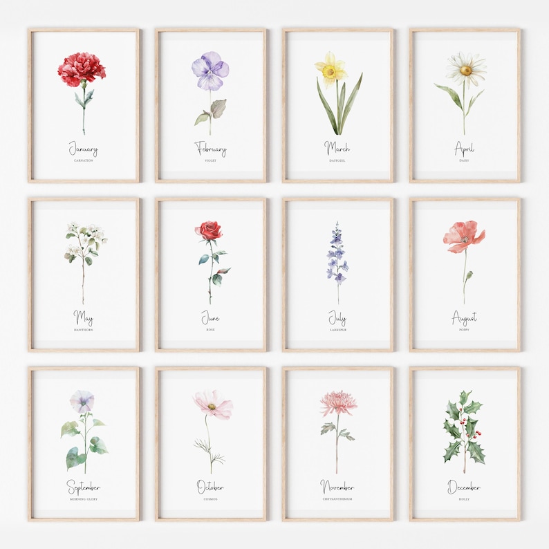 Set of 12 Watercolor Birth Month Flowers Prints, Birth Flower Printable ...