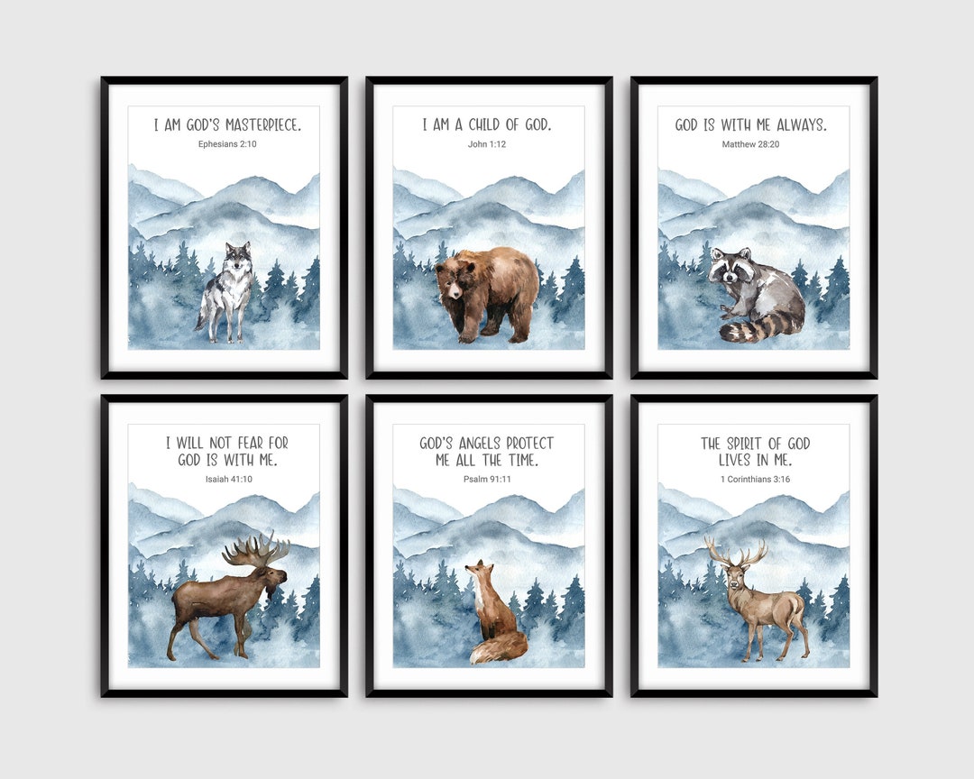Set of 6 Kid's Bible Verse Prints, Woodland Animal Prints, Christian ...