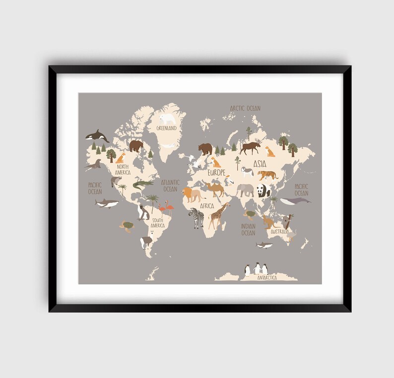 Animal World Map, Safari Map, Continents, Kids Wall Art, Nursery Decor ...