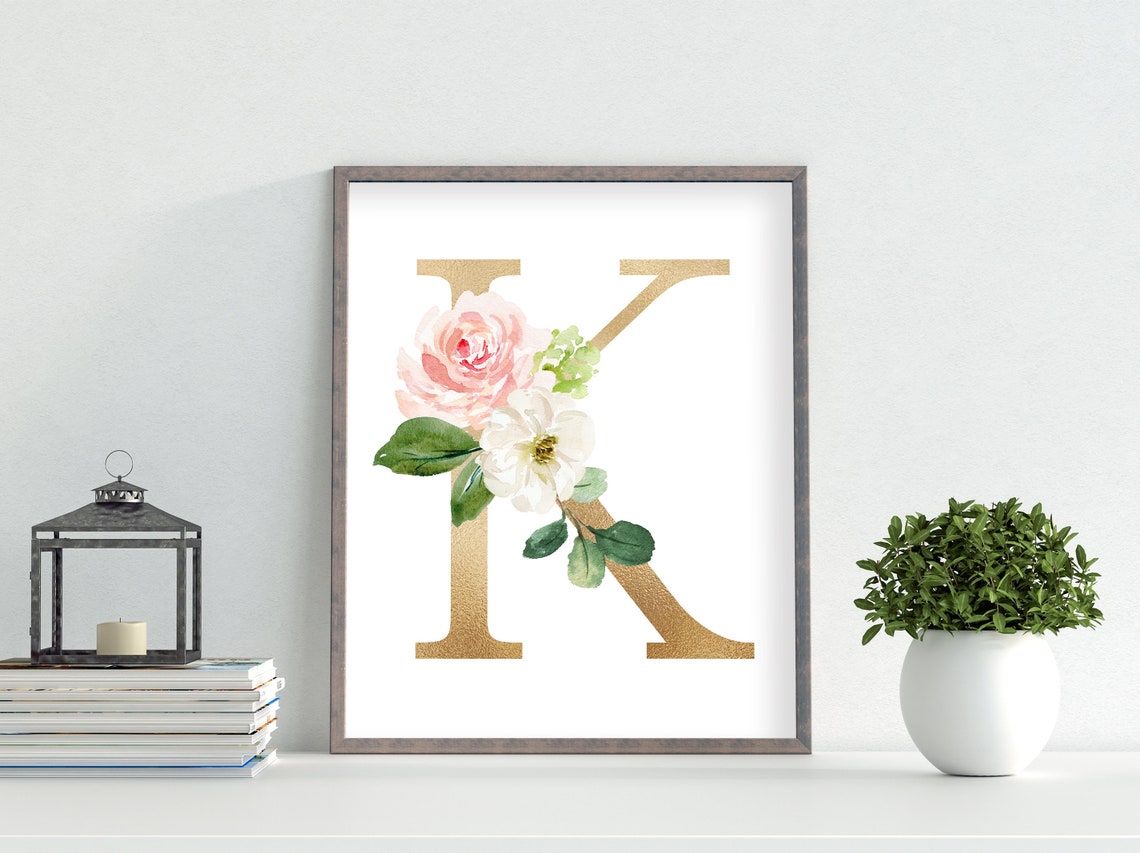 Pink Floral Gold Letter Print Letter K First Initial | Etsy