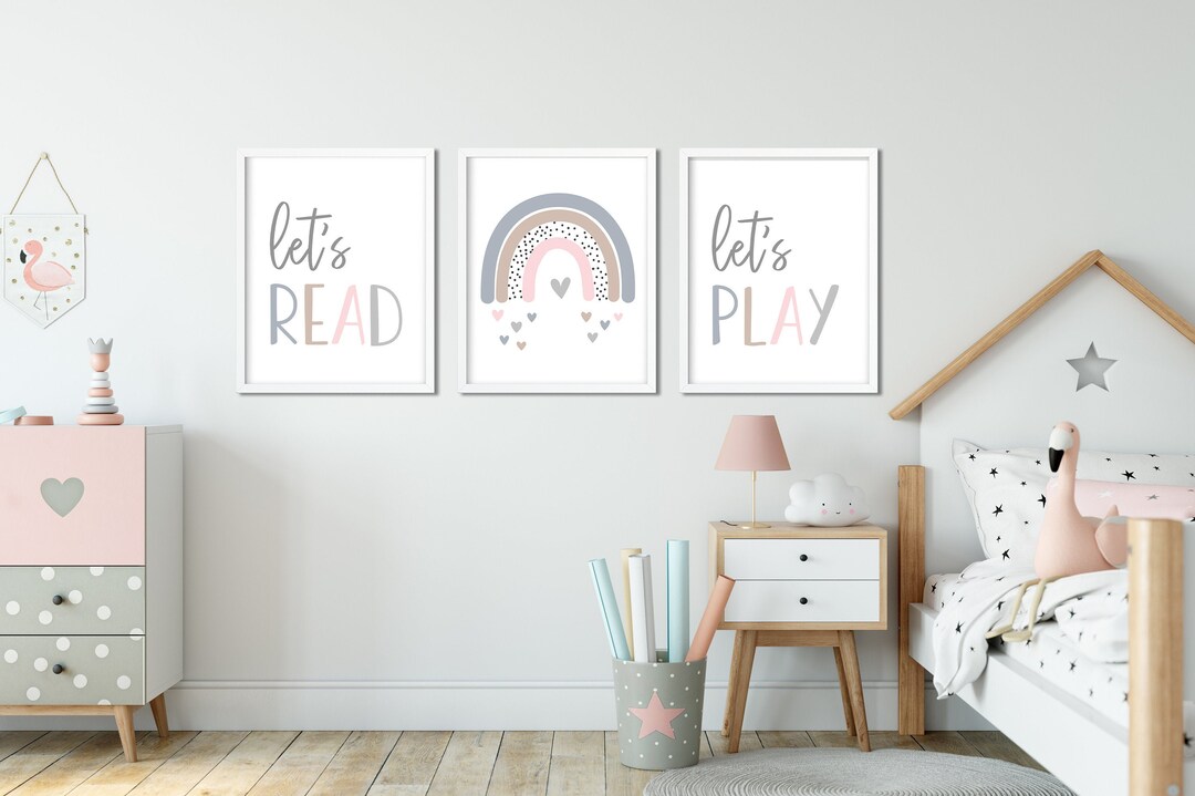 Let's Play Let's Read Prints, Rainbow Print, Girl Playroom Wall Art ...